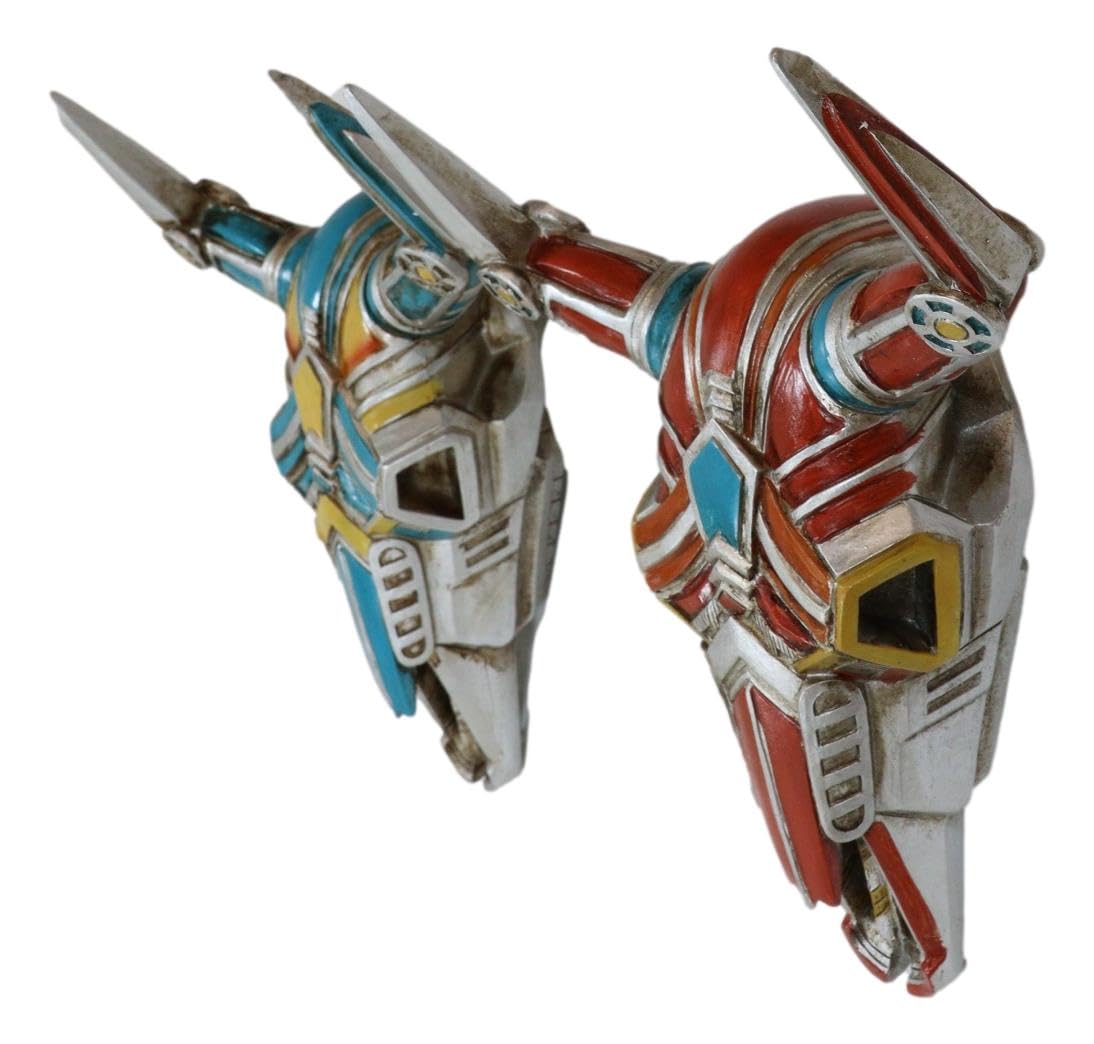 Ebros Gift Set of 2 Red and Blue Western Robotic Cyborg Horned Cow Skull 10" H Wall Decor Sculptures Wildlife Bisons Bulls Spirit Totem Accent Sculpture