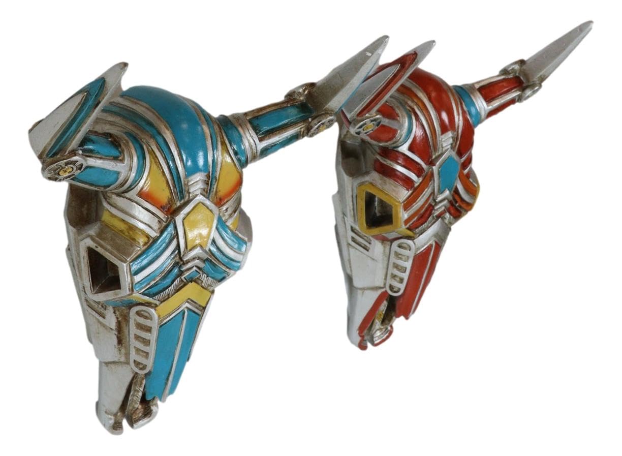 Ebros Gift Set of 2 Red and Blue Western Robotic Cyborg Horned Cow Skull 10" H Wall Decor Sculptures Wildlife Bisons Bulls Spirit Totem Accent Sculpture