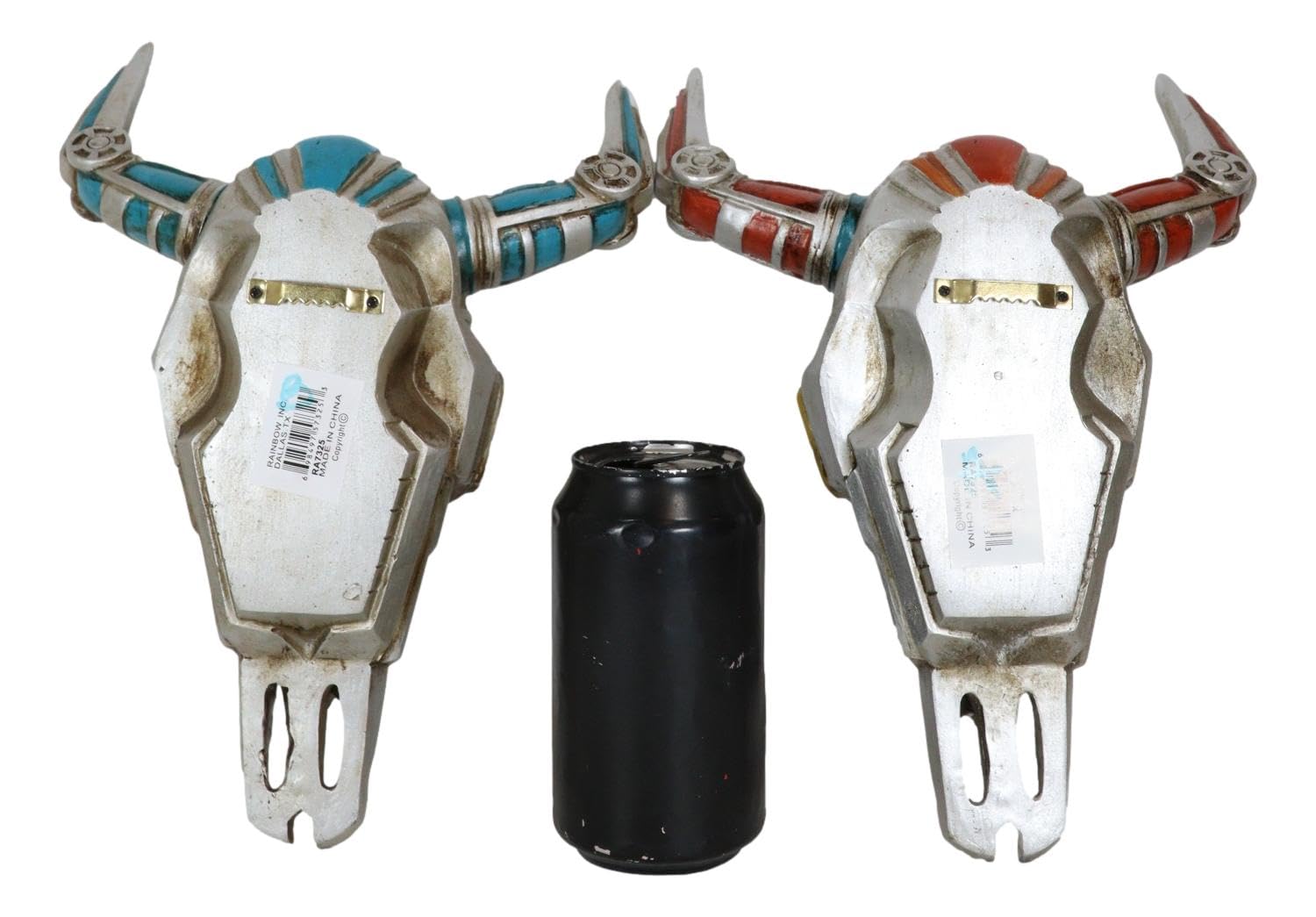 Ebros Gift Set of 2 Red and Blue Western Robotic Cyborg Horned Cow Skull 10" H Wall Decor Sculptures Wildlife Bisons Bulls Spirit Totem Accent Sculpture