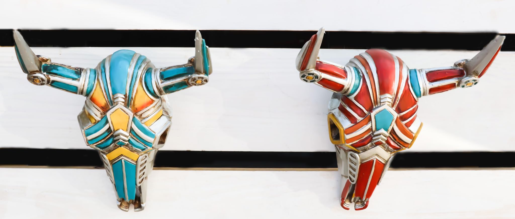 Ebros Gift Set of 2 Red and Blue Western Robotic Cyborg Horned Cow Skull 10" H Wall Decor Sculptures Wildlife Bisons Bulls Spirit Totem Accent Sculpture