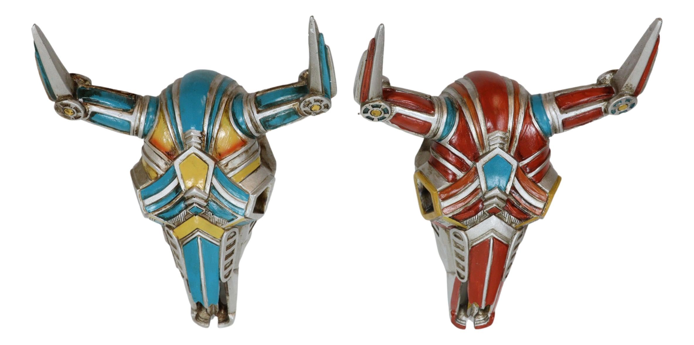 Ebros Gift Set of 2 Red and Blue Western Robotic Cyborg Horned Cow Skull 10" H Wall Decor Sculptures Wildlife Bisons Bulls Spirit Totem Accent Sculpture
