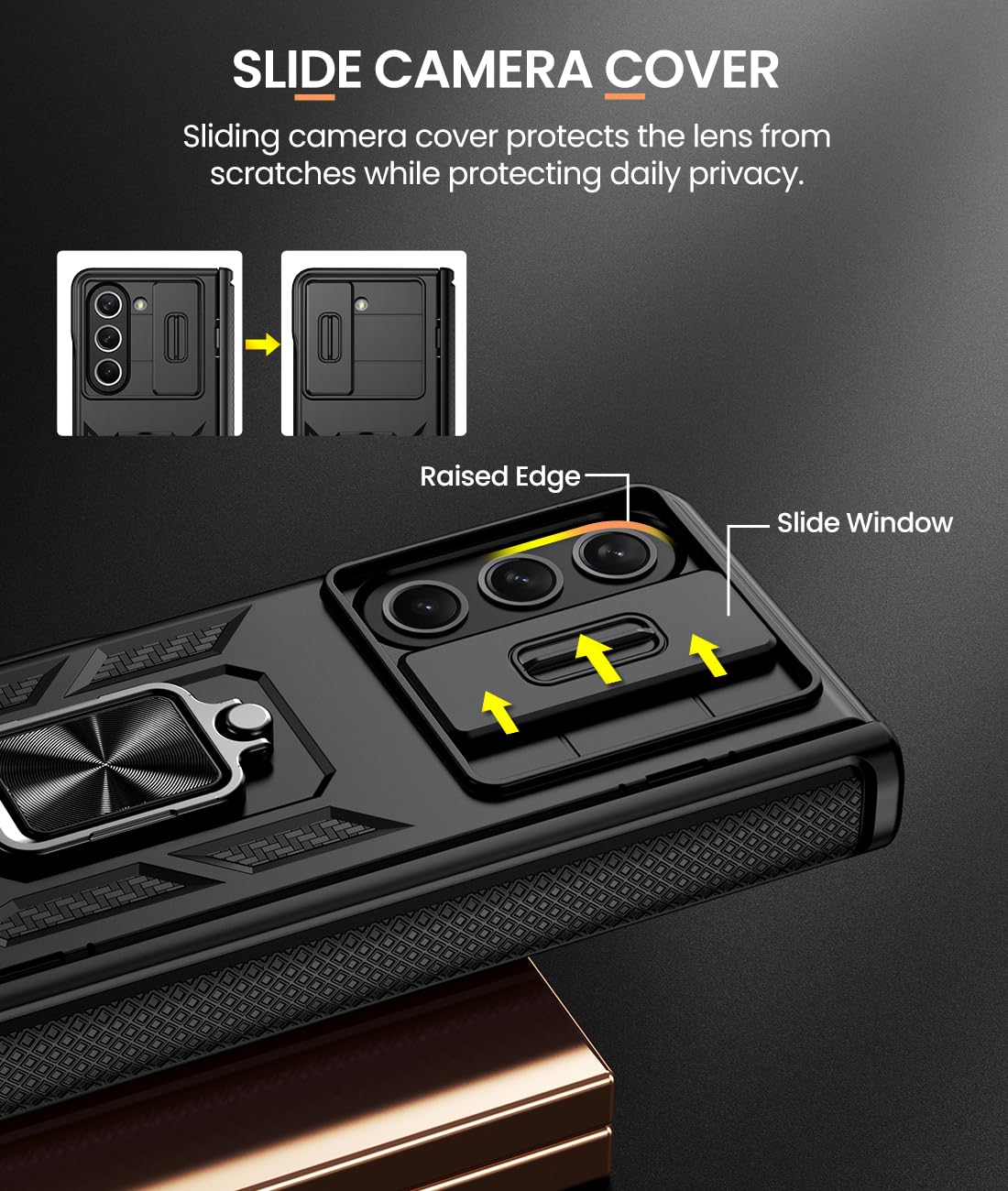 Upgraded for Galaxy Z Fold 5 Case, Samsung Fold 5 Case with Screen Protector, Kickstand Ring Holder, Slide Camera Cover and Hinge Protection - Shockproof for Z Fold 5 5G Phone - Black