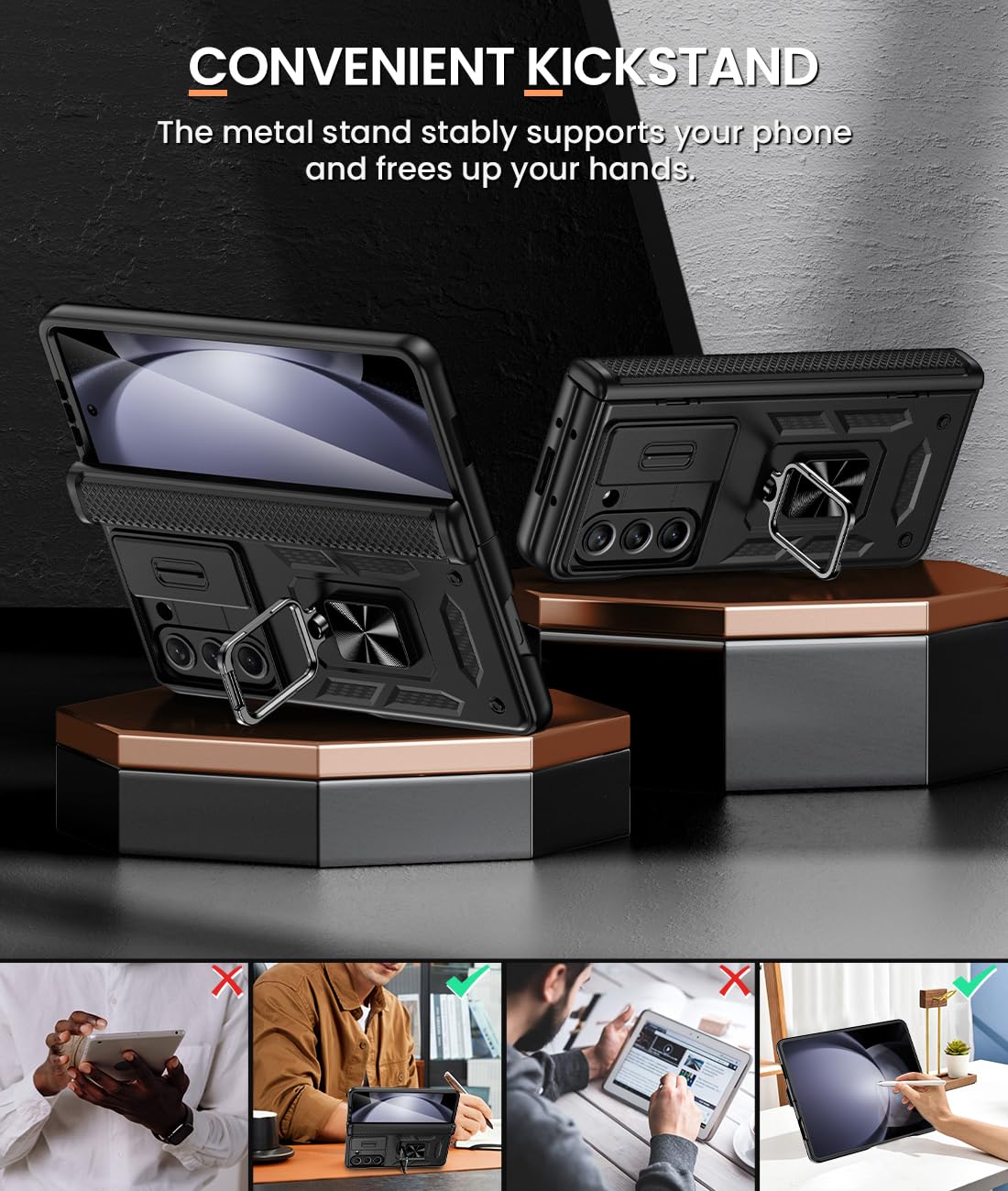 Upgraded for Galaxy Z Fold 5 Case, Samsung Fold 5 Case with Screen Protector, Kickstand Ring Holder, Slide Camera Cover and Hinge Protection - Shockproof for Z Fold 5 5G Phone - Black