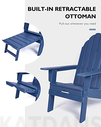 KATDANS Adirondack Chair Weather Resistant-Outdoor Fire Pit Chairs - Adirondack Chair with Retractable Ottoman - Patio Chair for Outside, Garden, Backyard, Campfire - Navy Blue - OD211212BL