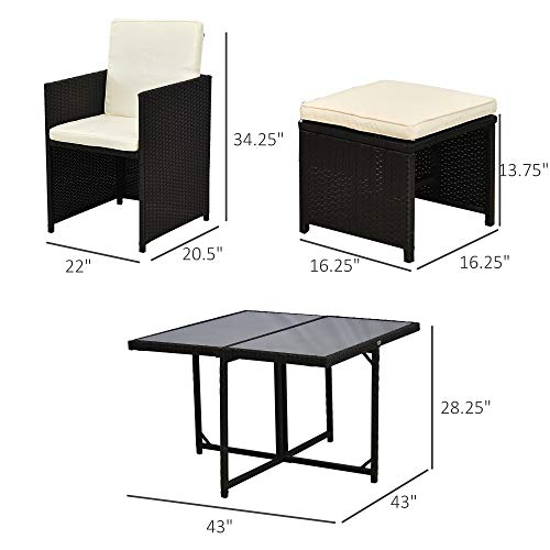 Outsunny 9 Piece Patio Wicker Dining Sets, Space Saving Outdoor Sectional Conversation Set, with Dining Table, Ottoman and Chair & Cushioned for Lawn Garden Backyard, Black