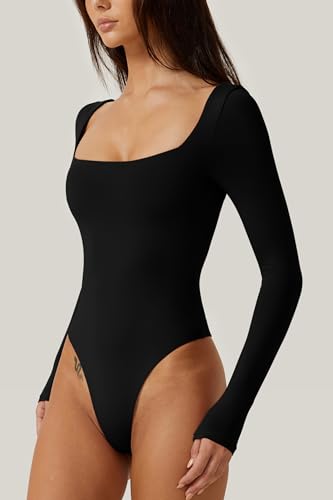QINSEN Womens Sexy Square Neck Double Lined Seamless Fitted Long Sleeve Bodysuit Tops Black L