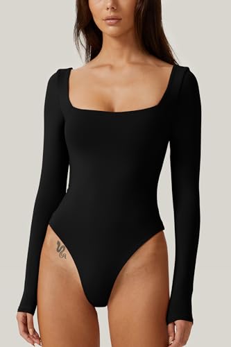 QINSEN Womens Sexy Square Neck Double Lined Seamless Fitted Long Sleeve Bodysuit Tops Black L