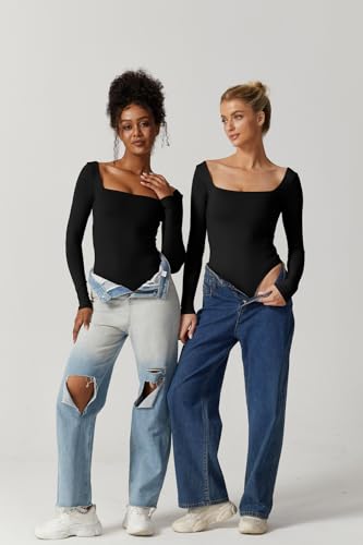 QINSEN Womens Sexy Square Neck Double Lined Seamless Fitted Long Sleeve Bodysuit Tops Black L