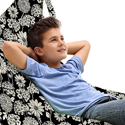 Lunarable Vintage Lounger Chair Bag, Floral Outline Design with Wildflowers on Dark Background Nostalgic Bloom, High Capacity Storage with Handle Container, Lounger Size, Charcoal Grey Ivory