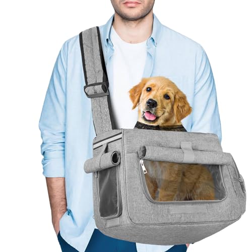 Tarovvoo Dog Sling Carrier for Medium Dogs Small Dogs 10-20lbs, Dog Carrier Bag, Pet Carrier Sling with Breathable Windows, Hard Bottom, Hand-Free for Outdoor Travel (Grey)