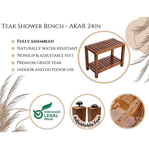 Teak Wood Waterproof Shower Bench - with Shelf, 24 Inch, Wooden Seat Stool for Bathroom, Spa, Garden, Fully Assembled