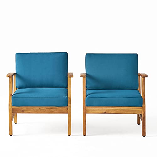 Christopher Knight Home Perla Outdoor Acacia Wood Club Chairs with Water Resistant Cushions, 2-Pcs Set, Teak Finish / Blue