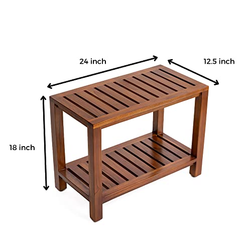 Teak Wood Waterproof Shower Bench - with Shelf, 24 Inch, Wooden Seat Stool for Bathroom, Spa, Garden, Fully Assembled