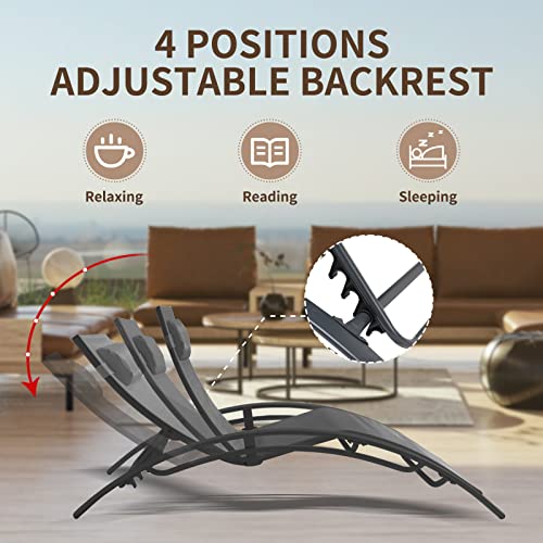 VARVIND Outdoor Patio Chaise Lounge Chairs, Chaise Lounge Outdoor Set of 2, 5 Adjustable Backrest Positions, Adjustable Patio Lounge Chair with Headrest Suitable for Poolside, Balcony,Backyard (Grey)