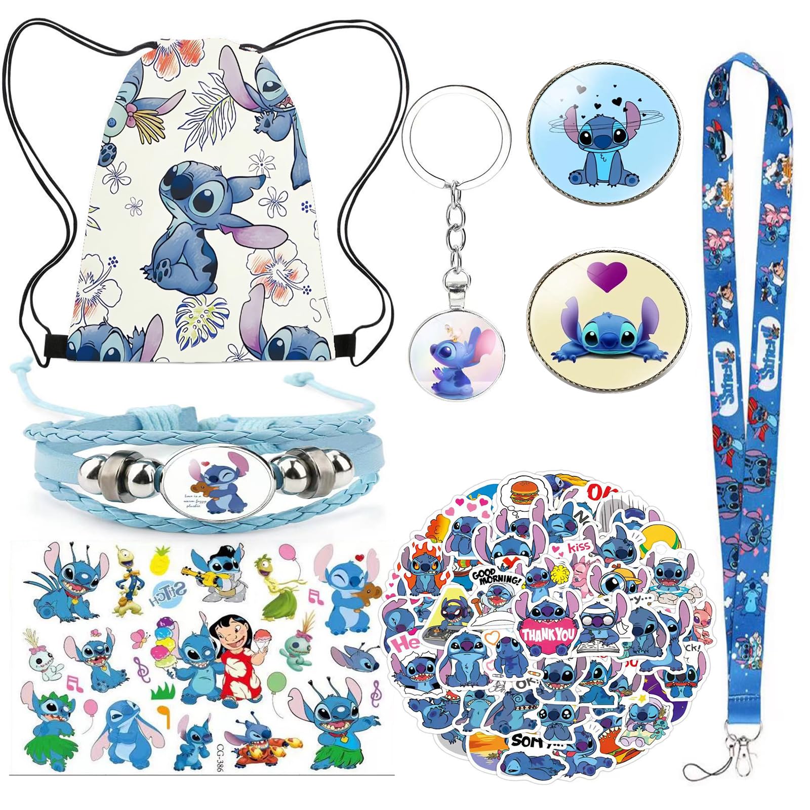 FLYZKUO Upgrade Your Style with our Stitch Merchandise Set - Complete with Drawstring Bag, Stickers, Lanyard, More