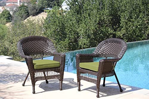 Jeco Wicker Chair with Green Cushion, Set of 2, Espresso