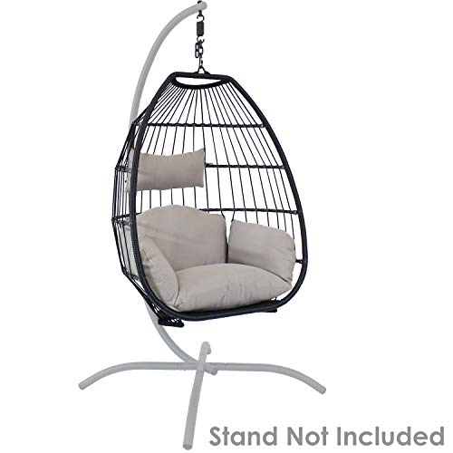 Sunnydaze Oliver Hanging Egg Chair with Seat Cushions - Bohemian Black Resin Wicker Hanging Chair with Collapsible Nylon Rope Back and Gray Polyester Cushions - 48-Inch