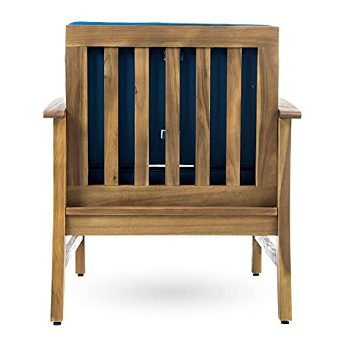 Christopher Knight Home Perla Outdoor Acacia Wood Club Chairs with Water Resistant Cushions, 2-Pcs Set, Teak Finish / Blue