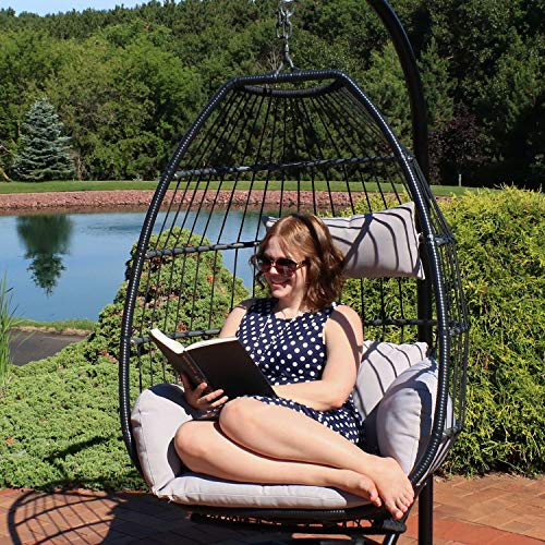 Sunnydaze Oliver Hanging Egg Chair with Seat Cushions - Bohemian Black Resin Wicker Hanging Chair with Collapsible Nylon Rope Back and Gray Polyester Cushions - 48-Inch