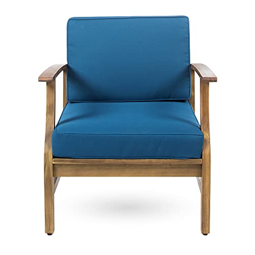 Christopher Knight Home Perla Outdoor Acacia Wood Club Chairs with Water Resistant Cushions, 2-Pcs Set, Teak Finish / Blue