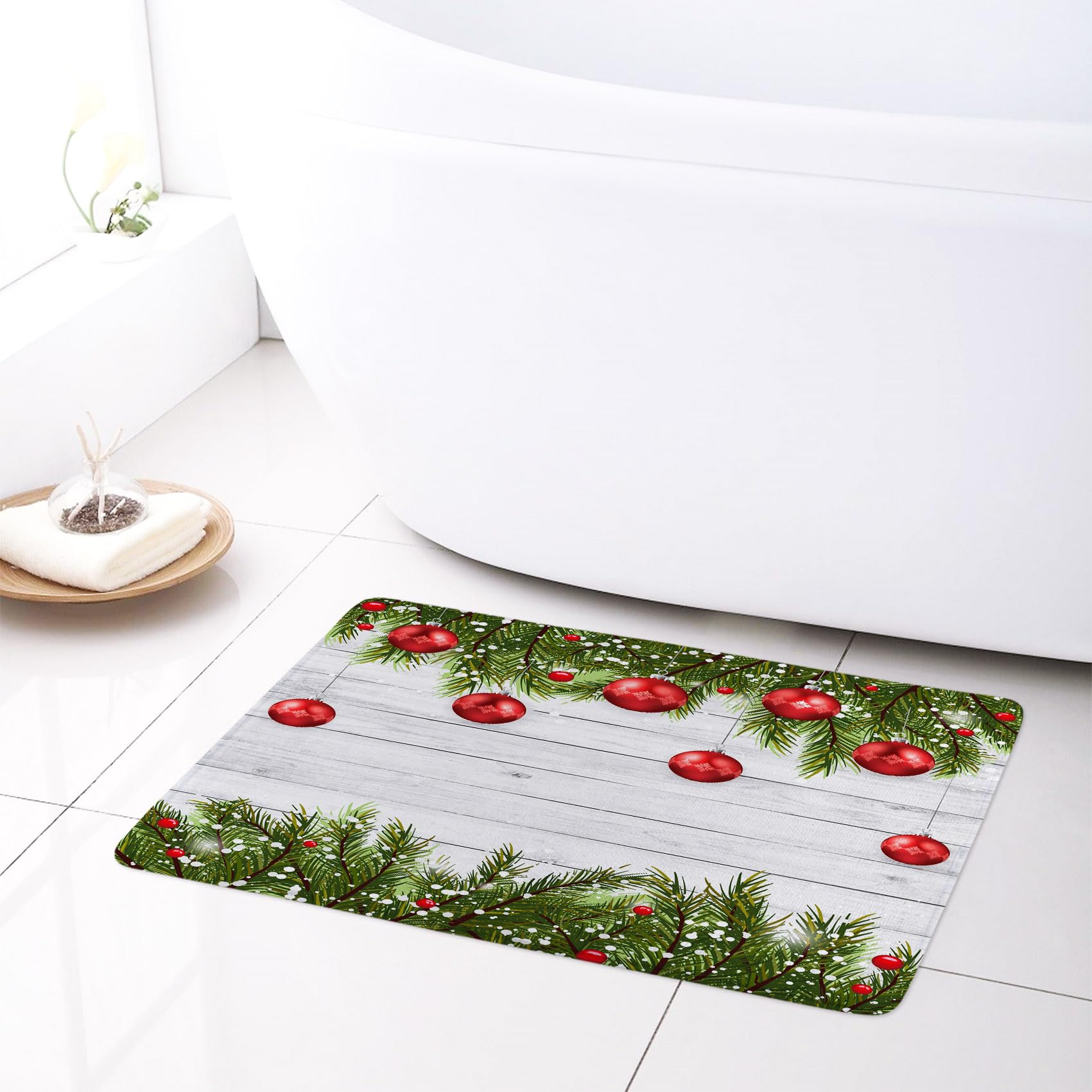 LB Red Christmas Ball Bathroom Rug Green Pine Tree Leaves Bath Mat Farmhouse Grey Wood Doormat Non Slip Memory Foam Super Absorbent Floor Mats,24Wx16H Inch