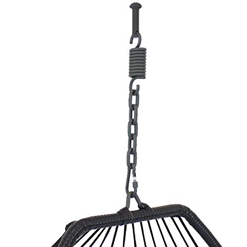Sunnydaze Oliver Hanging Egg Chair with Seat Cushions - Bohemian Black Resin Wicker Hanging Chair with Collapsible Nylon Rope Back and Gray Polyester Cushions - 48-Inch