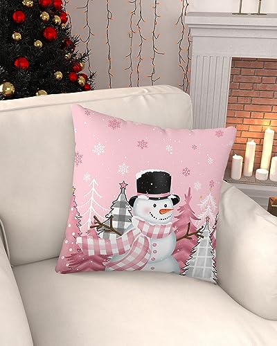 Fantasy Staring Snowman Throw Pillow Covers 18" x 18" Pink Christmas Snowflake Xmas Tree Winter Soft Short Plush Pillow Case for Couch/Sofa/Bedroom/Car