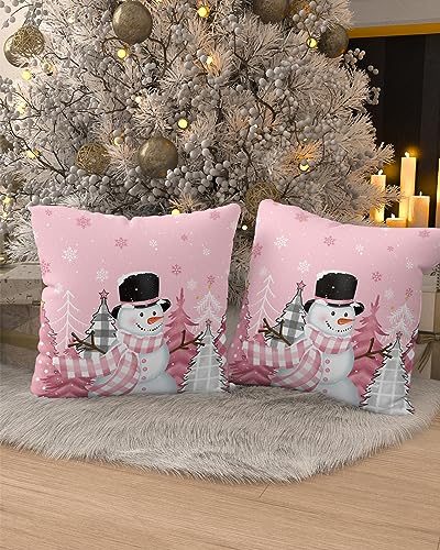 Fantasy Staring Snowman Throw Pillow Covers 18" x 18" Pink Christmas Snowflake Xmas Tree Winter Soft Short Plush Pillow Case for Couch/Sofa/Bedroom/Car