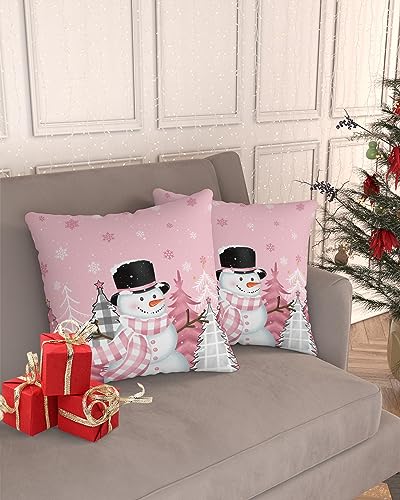 Fantasy Staring Snowman Throw Pillow Covers 18" x 18" Pink Christmas Snowflake Xmas Tree Winter Soft Short Plush Pillow Case for Couch/Sofa/Bedroom/Car