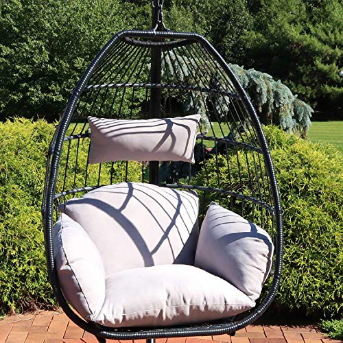 Sunnydaze Oliver Hanging Egg Chair with Seat Cushions - Bohemian Black Resin Wicker Hanging Chair with Collapsible Nylon Rope Back and Gray Polyester Cushions - 48-Inch
