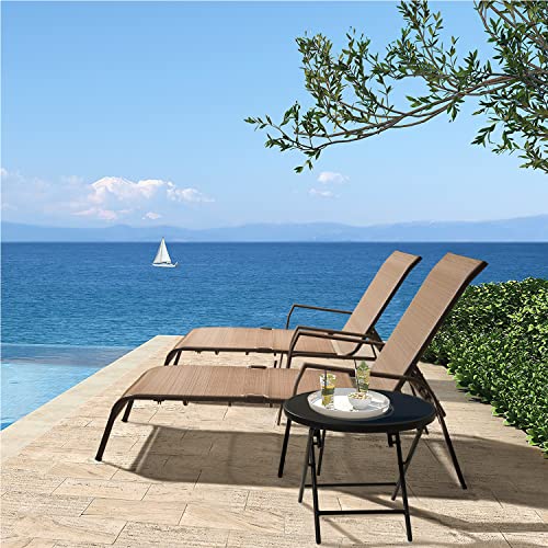 Flamaker Adjustable Patio Chaise Lounge Set 3 Pieces Textiline Outdoor Foldable Metal Reclining Chairs with Sturdy Glass Top Bistro Table for Beach, Poolside, Backyard, Porch (Beige)