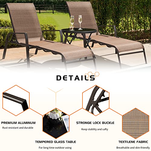Flamaker Adjustable Patio Chaise Lounge Set 3 Pieces Textiline Outdoor Foldable Metal Reclining Chairs with Sturdy Glass Top Bistro Table for Beach, Poolside, Backyard, Porch (Beige)