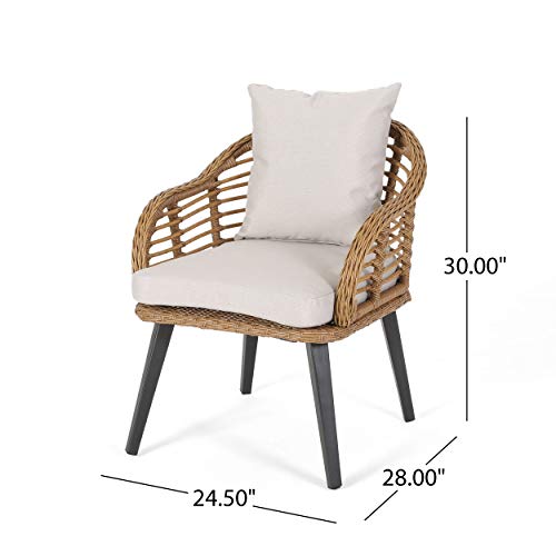 Becky Indoor Wicker Club Chairs with Cushions (Set of 2), Light Brown and Beige