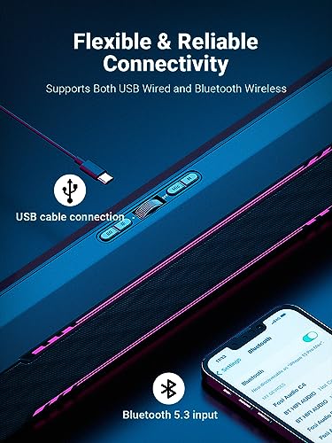 Fosi Audio C4 Computer Speakers, PC RGB Gaming Sound Bar Bluetooth Speaker for Desktop Monitor, Laptop, Console, Portable Wireless Soundbar with Rhythmic Lighting and Bass