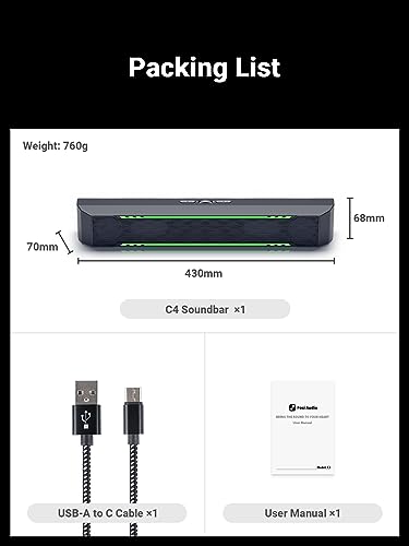 Fosi Audio C4 Computer Speakers, PC RGB Gaming Sound Bar Bluetooth Speaker for Desktop Monitor, Laptop, Console, Portable Wireless Soundbar with Rhythmic Lighting and Bass