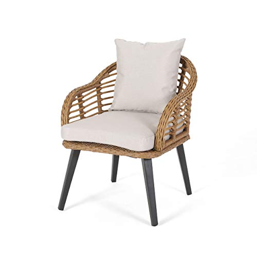 Becky Indoor Wicker Club Chairs with Cushions (Set of 2), Light Brown and Beige