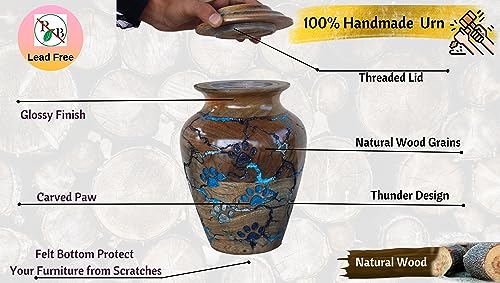 Medium Size Lightning Strike Wooden Pet Urns for Dogs Ashes, Turn Wood pet Cremation urns with Threaded Lid | Carved Paw Cat/Dog Urn for Pet Ashes Dog (Lightening Work, Medium 65 cu inches)