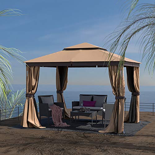 10x12 Gazebo Canopy Soft Top Outdoor Gazebo Tent 2-Tier Curtain Double Roof Vented Gazebo with Mesh, LED Lights, and Bluetooth Speakers