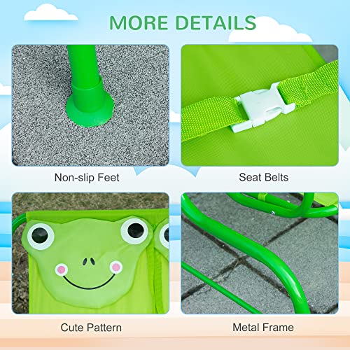 Outsunny Porch Swing for Kids with Adjustable Canopy to Block Sun at Angles, Kids Swing Chair with Seatbelts, Frog Gift for Kids, Tree Bark Brown, for Ages 3-6, Green