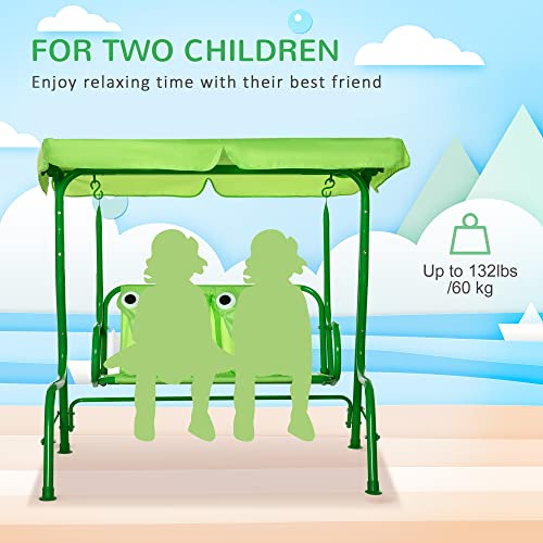 Outsunny Porch Swing for Kids with Adjustable Canopy to Block Sun at Angles, Kids Swing Chair with Seatbelts, Frog Gift for Kids, Tree Bark Brown, for Ages 3-6, Green