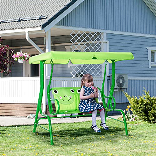 Outsunny Porch Swing for Kids with Adjustable Canopy to Block Sun at Angles, Kids Swing Chair with Seatbelts, Frog Gift for Kids, Tree Bark Brown, for Ages 3-6, Green