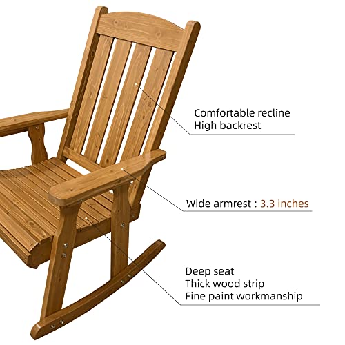 Wooden Rocking Chair with Comfortable Backrest Inclination, High Backrest and Deep Contoured Seat, Solid Fir Wood, Heavy Duty 600 LBS, for Both Outdoor and Indoor, Backyard, Porch and Patio