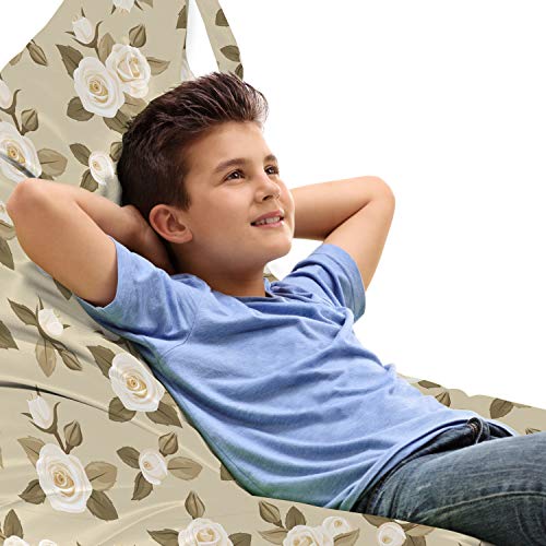 Lunarable Ivory and Beige Lounger Chair Bag, Feminine Romantic Roses with Foliage Blooming Retro Flower Buds, High Capacity Storage with Handle Container, Lounger Size, Sepia Ivory and Beige
