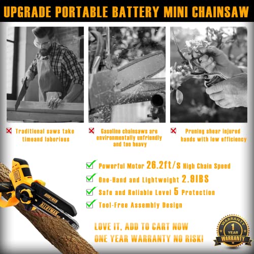 Mini Chainsaw 6-Inch Cordless, 26.2ft/s chain speed, 775 Powerful motor Mini chain saws, Tool Free Bar and Chain Adjustments, Handheld Small Chainsaw for Wood Cutting Tree Trimming