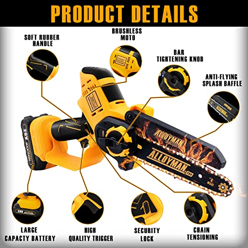 Mini Chainsaw 6-Inch Cordless, 26.2ft/s chain speed, 775 Powerful motor Mini chain saws, Tool Free Bar and Chain Adjustments, Handheld Small Chainsaw for Wood Cutting Tree Trimming