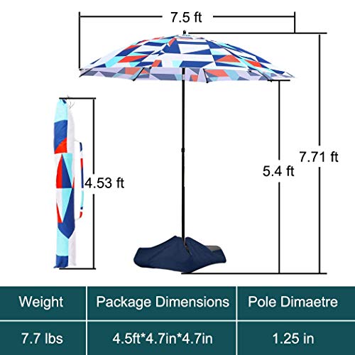 TOTEBOX Beach Umbrella, 7.5ft Portable Patio Sunshade Umbrella UPF 50+ Protection with Tilt Sand Anchor Carry Bag and Sand Bag for Yard and Pool