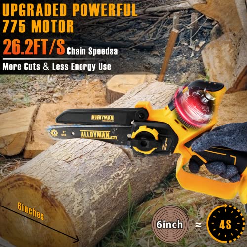 Mini Chainsaw 6-Inch Cordless, 26.2ft/s chain speed, 775 Powerful motor Mini chain saws, Tool Free Bar and Chain Adjustments, Handheld Small Chainsaw for Wood Cutting Tree Trimming