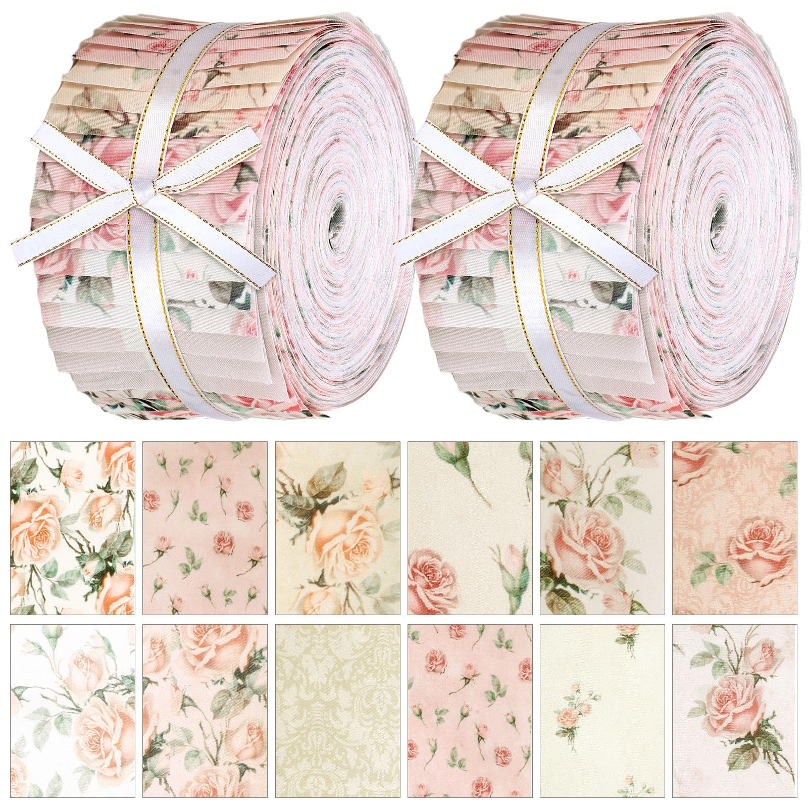 Hosuly 40 Pcs Spring Pink Floral Fabric Jelly Fabric for Quilting Patchwork Roll Vintage Rose Quilting Strips 2.55 Inch Precut Patchwork Roll for Craft Sewing DIY Crafts