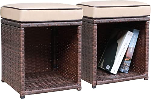 Yangming 2 Pieces Outdoor Patio Ottoman, Indoor Outdoor All Weather Rattan Wicker Ottoman Seat, Patio Rattan Furniture, Footstool Footrest Seat w/ Removable Cushions, No Assembly Required…