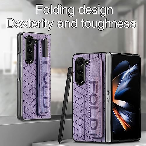 Bizzib for Samsung Galaxy Z Fold 5 Case, Leather TPU Slim Fit Shockproof Full Body Protective Cover with Flexible Grip Strap Compatible with Galaxy Z Fold 5-Purple